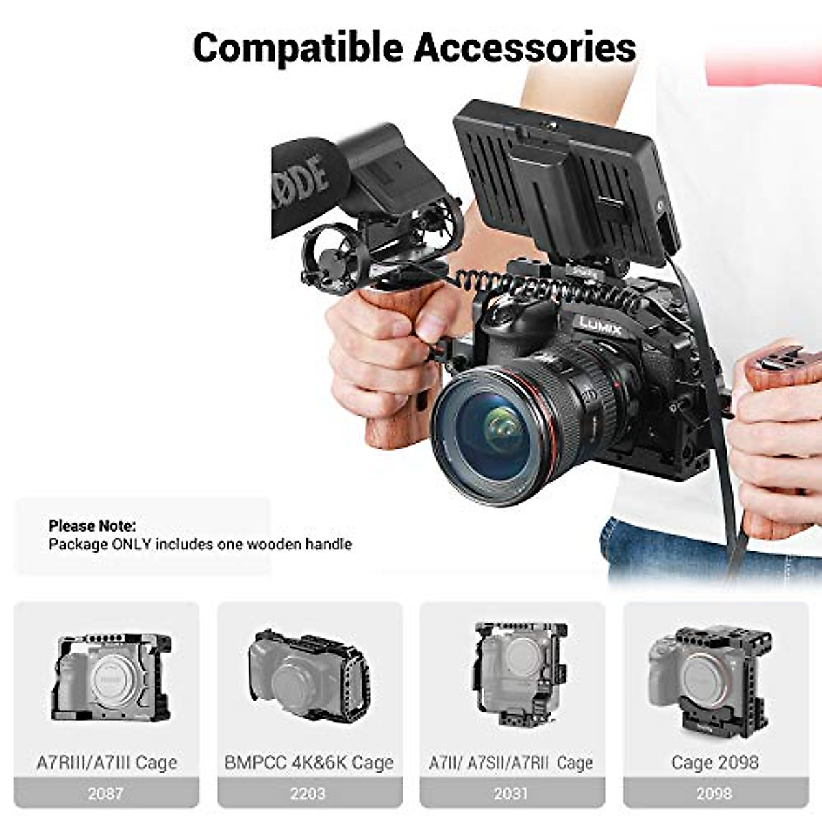 SmallRig Universal Side Wooden NATO Handle Grip DSLR Camera Cage w/Cold Shoe Mount Built-in Wrench, Threaded Holes – 2187