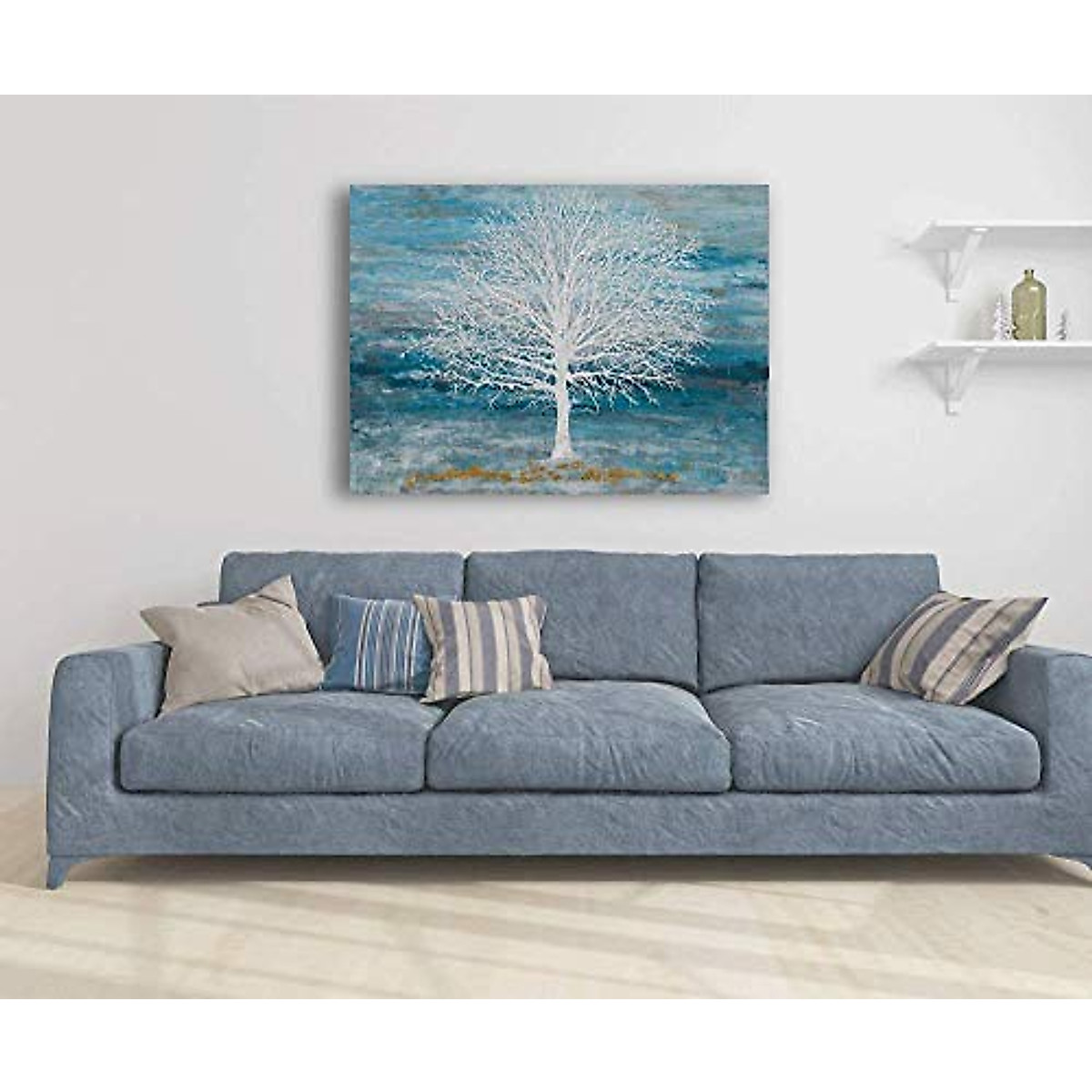 Yihui Arts Abstract Landscape Canvas Art Hand Painted 3D Tree Paintings with Gold Foil for Wall Decor Modern Artwork Pictures Living Room Bedroom Decoration