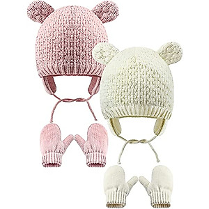 SATINIOR 2 Sets Baby Winter Beanie Hat Gloves Cute Bear Earflap Caps (White, Pink)