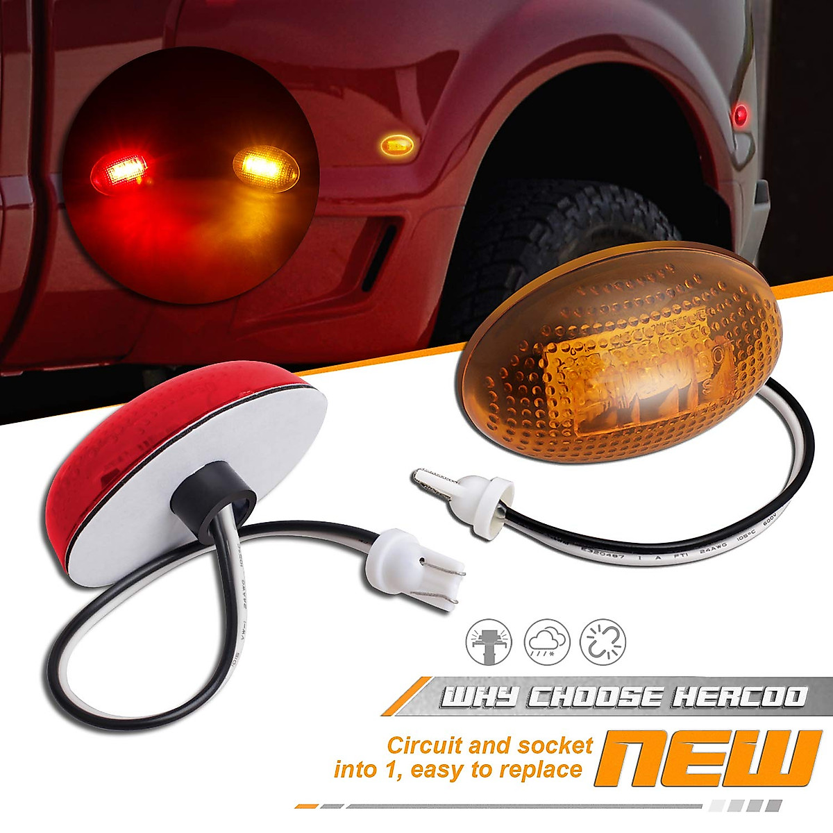 HERCOO LED Dually Bed Fender Side Marker Lights Front Rear Lamps Compatible with Ford 1999-2010 F350 F450 F550 Super Duty, Amber & Red