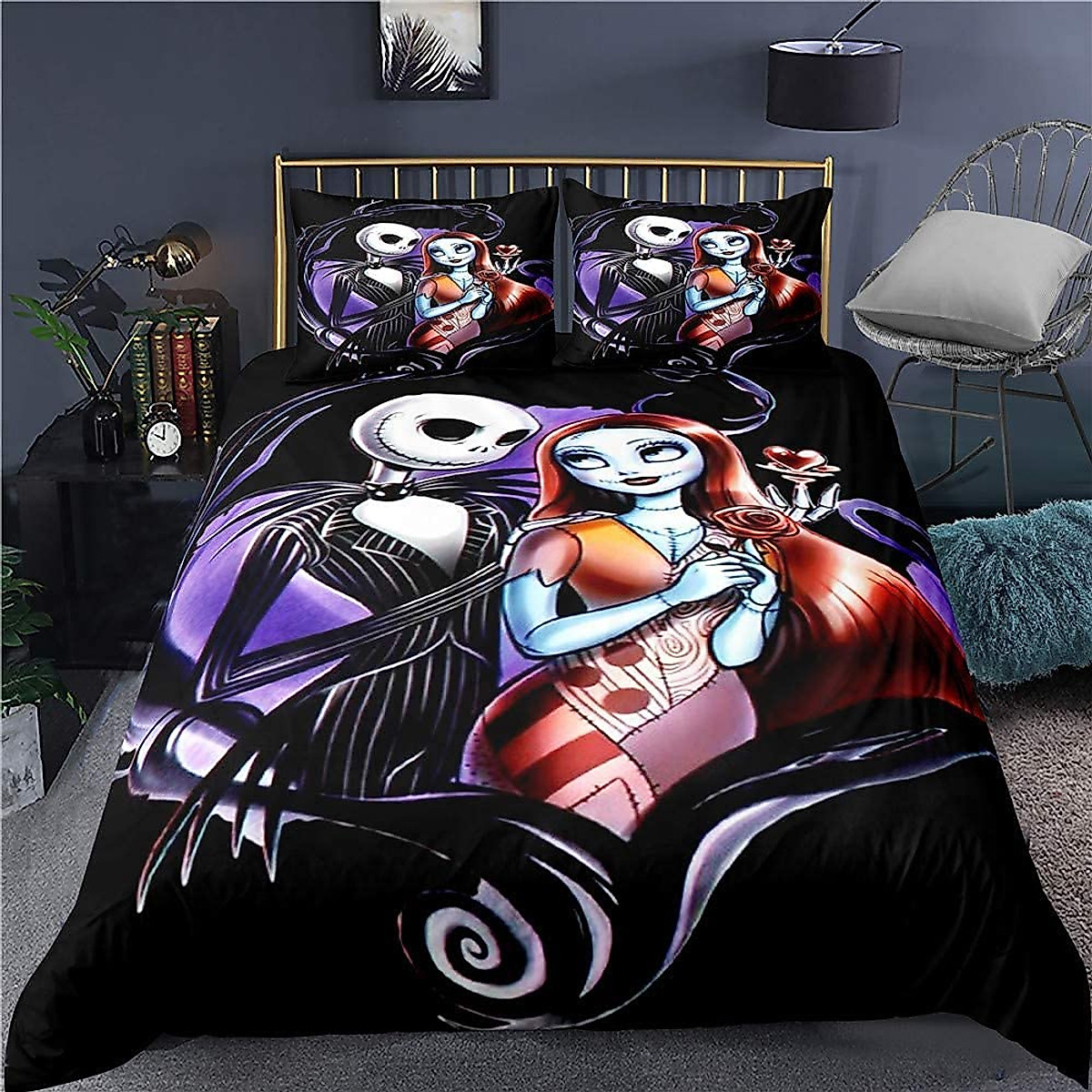 Ankeyoo Nightmare Christmas Bedding Set Valentine's Day Decor Gifts Present Jack Skellington Sally Bed Comforter Cover 1PC Duvet Cover with 2PCS Pillowcases (Twin)