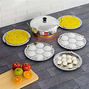 QSEC Stainless Steel Idli Cooker Multi Kadai Steamer with Copper Bottom All-in-One Big Size 5 Plate 2 Idli | 2 Dhokla | 1 Patra | Momo's | 3 in 1 | 28.5 cm Dia.