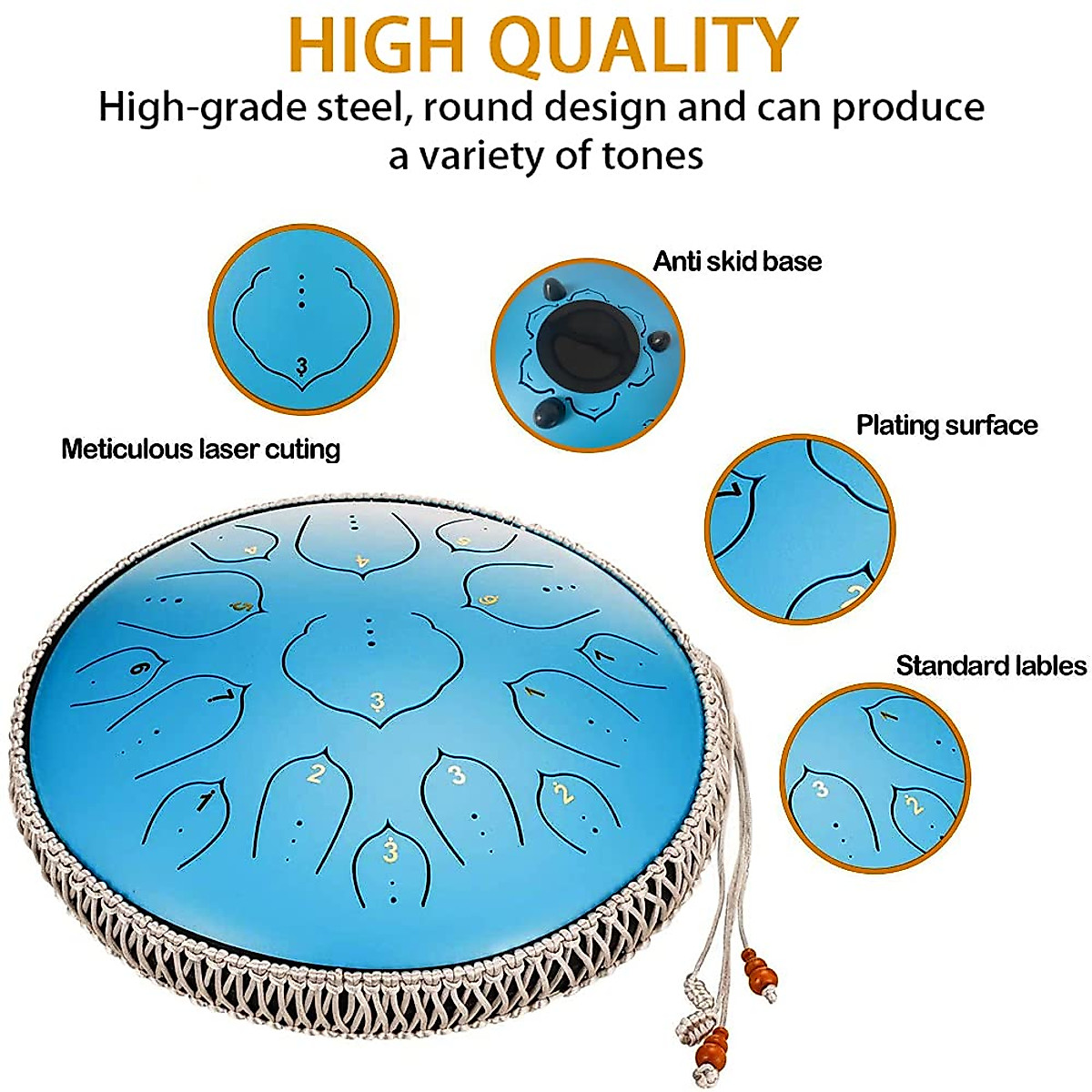 Steel Tongue Drum - 15 Note 14 Inch Tongue Drum - Tongue Drum Instrument - Hand Pan Drums with Music Book, Steel Handpan Drum Mallets and Carry Bag, D Major