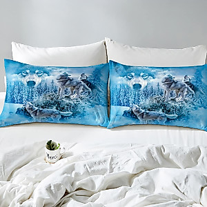 Snow Wolf Sheet Set Full Size Wild Animal Theme Bedding Set for Kids Boys Teens Room Decor, 3D Wolf and Trees Print Bed Sheet Set 4pcs with Deep Pocket Fitted Sheet + Flat Sheet + 2 Pillowcases