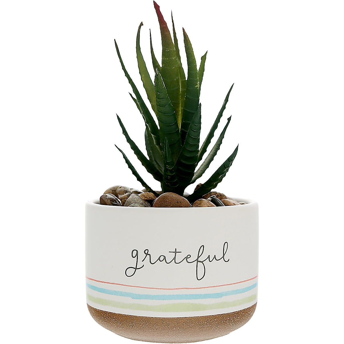 Pavilion Gift Company - Grateful - Artificial Plant with Stones, Mini Fake Aloe Plant, 1 Count (Pack of 1), 3.5” x 3.5” x 6.25” Overall in Size