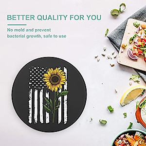 Sunflower American Flag Glass Cutting Board Round Kitchen Decorative Chopping Blocks Mats Food Tray for Men Women