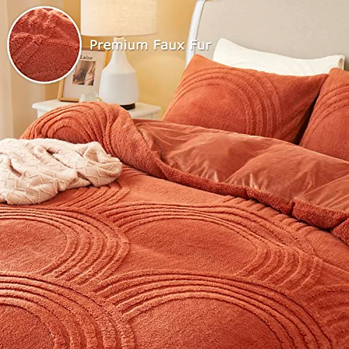 Oli Anderson Fluffy Duvet Cover Set, Faux Fur Rainbow Tufted Duvet Covers Queen Size, 3 Pieces Ultra Soft Warm Plush Comforter Cover Set, Orange (1 Duvet Cover + 2 Pillowcases)