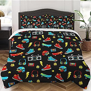 Duvet Cover Queen Size, 80S Cool Cute Retro Bedding Set with Zipper Closure for Kids and Adults, Red Neon Colorful Comforter Cover with 2 Pillow Shams for Bedroom Bed Decor