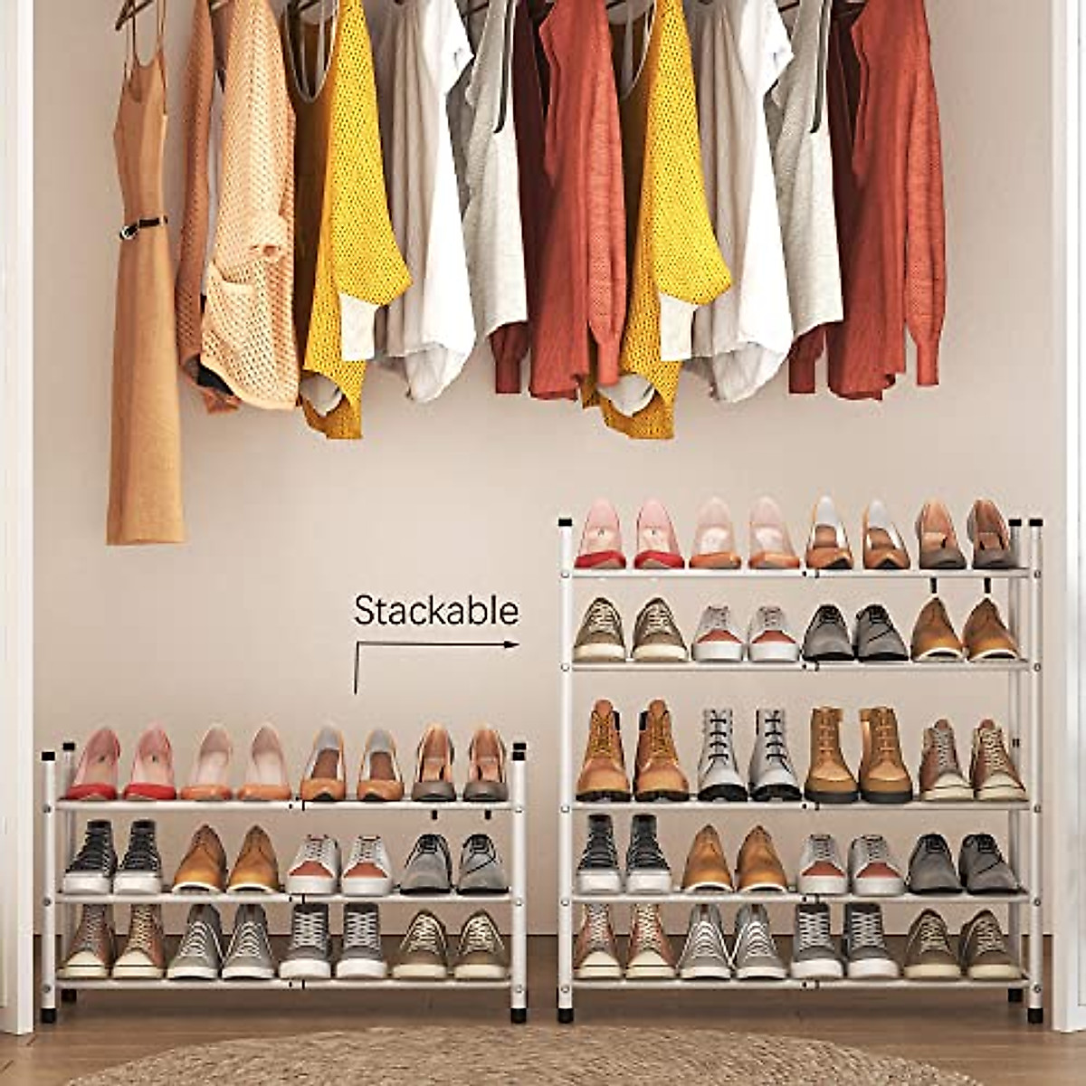 TZAMLI 3-Tier Stackable Closet Shoe Rack Organizer, Expandable and Adjustable Metal Shoes Shelf Storage Small Shoe Rack for Entryway Dorm, White