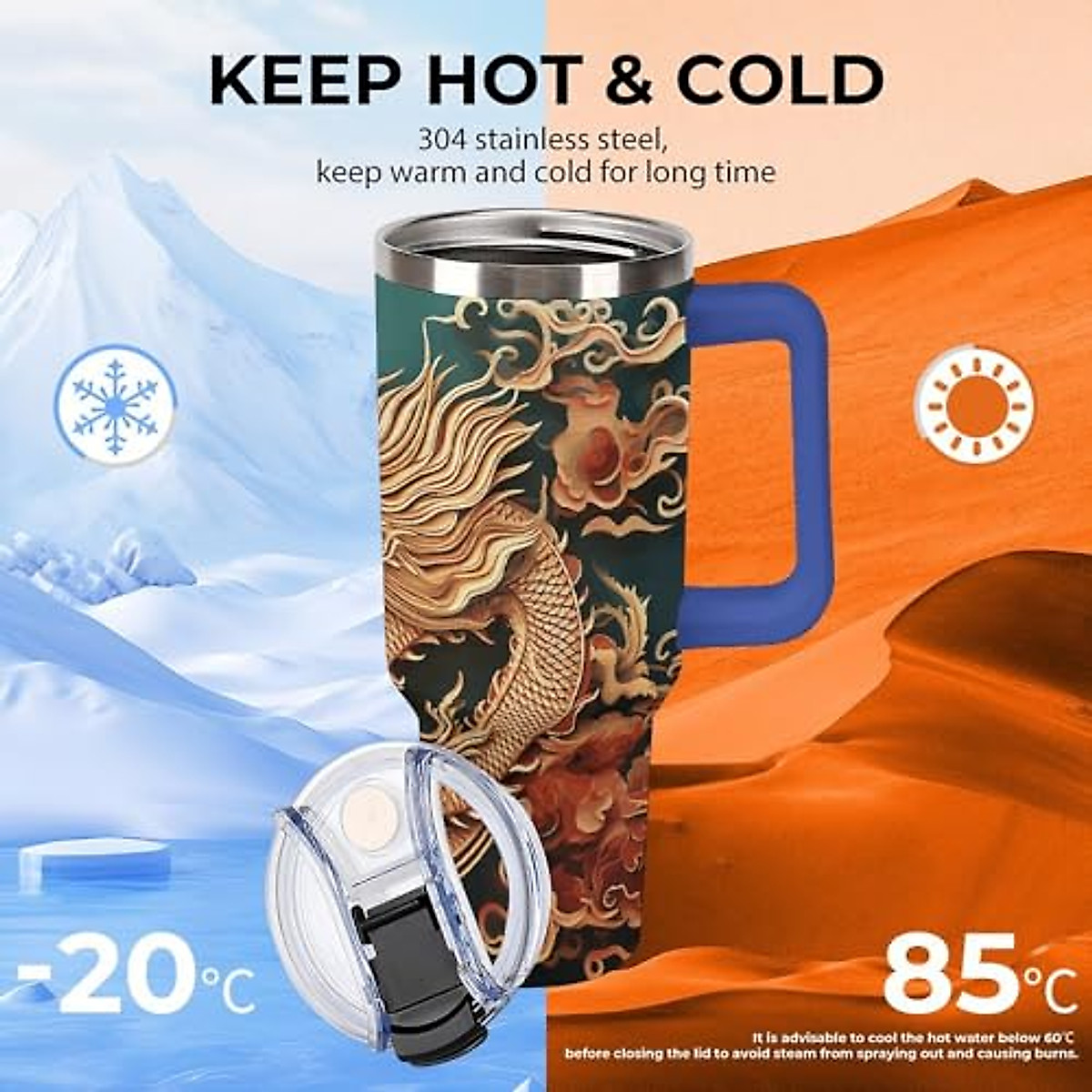 40 Oz Vacuum Tumbler with Deep Blue Handle Leakproof Insulated Tumbler Dragon Chinese Background Stainless Steel Travel Mug with Lid And Straw Coffee Cup Cute Water Bottles Cup Holder Friendly