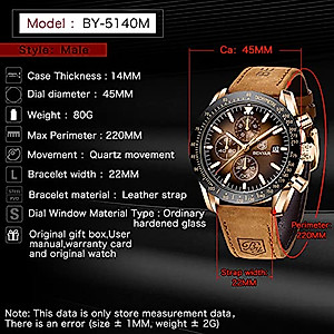BY BENYAR Men Watches Chronograph Analog Quartz Waterproof Luminous Watch for Men Business Work Sport Stylish Casual Brown Leather Band Men's Wrist Watches Elegant Gifts for Men Father's Day