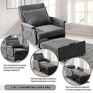 Oprisen Sleeper Chair Bed 3-in-1 Convertible Chair Bed Pull Out Sofa Bed w/Adjustable Backrest Tufted Fabric Chaise Lounge Sofa Bed Couch for Small Space w/Side Pockets (Fabric-Gray)