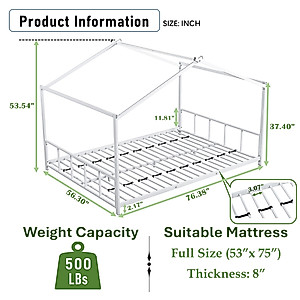 DNYN Full Size Metal House Bed with Roof Design for Kids Bedroom,Sturdy Steel Bedframe,No Box Spring Needed, White