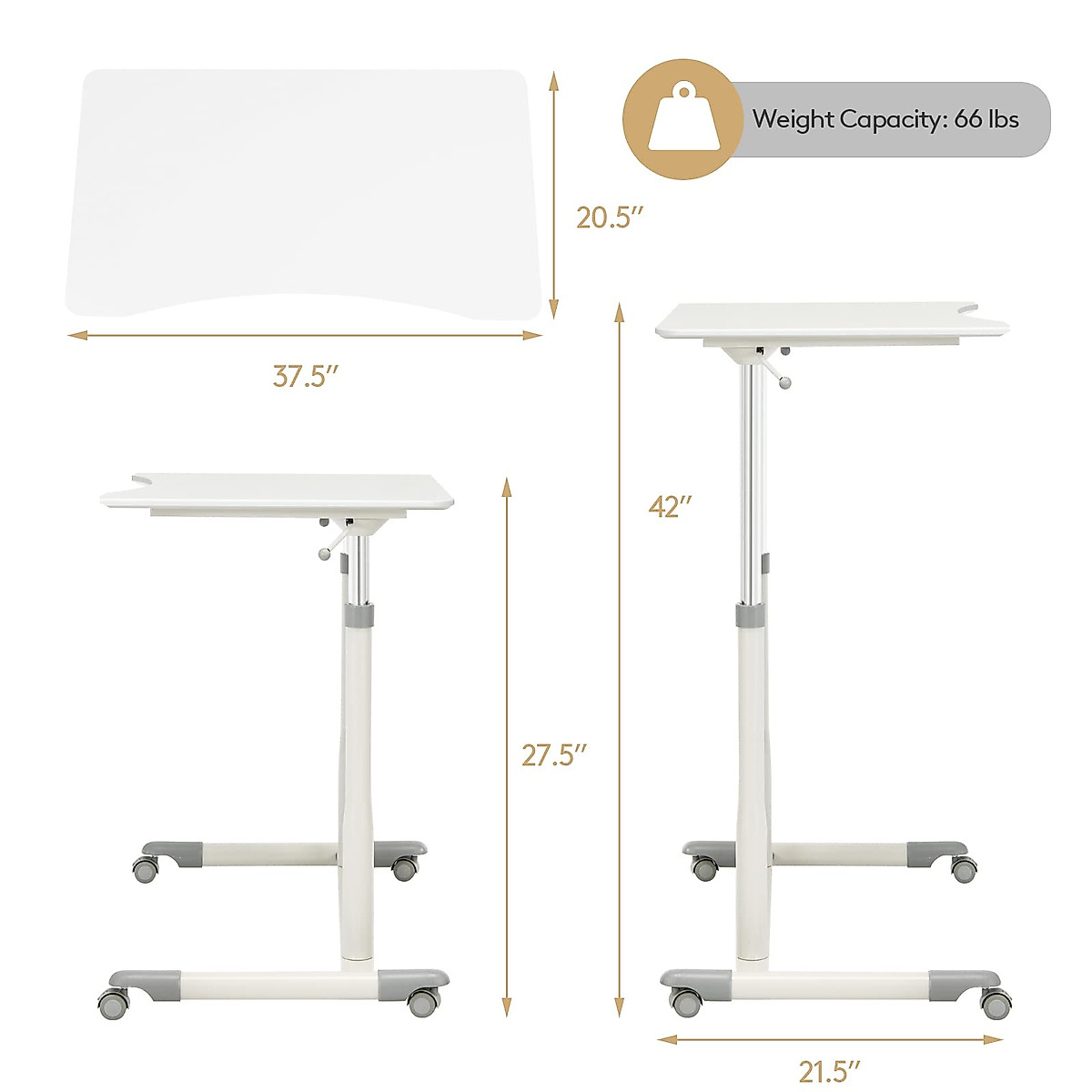 COSTWAY Mobile Height Adjustable Standing Desk, Compact Pneumatic Sit to Stand Computer Desk w/Lockable Casters, Ergonomic Rolling Laptop Table w/Steel Frame for Home Office (White)