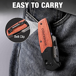 WORKPRO Folding Utility Knife, Razor Blade Knife with Axis Lock, Quick Change Blade Box Cutter, EDC Wood Handle Foldable Pocket Knife, Extra 10PC SK5 Blades Included