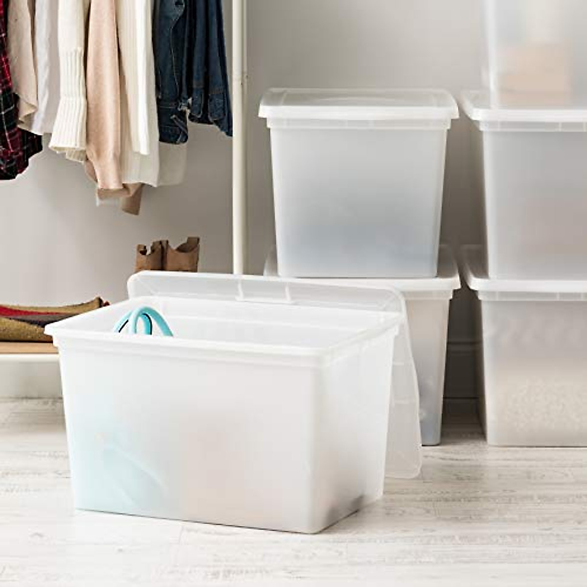 IRIS USA 68 Qt. Plastic Storage Container Bin with Latching Lid, 6 Pack, Stackable Nestable Box Tote Closet Organization School Art Supplies Towels Blankets Comforters Sleeping Bags - Pearl