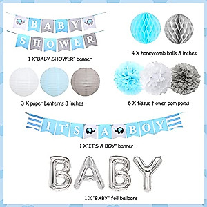 Elephant Baby Shower Decorations for Boy Blue and Sliver, It's A Boy Banner Paper Lantern Paper Pom Poms Flower Honeycomb Balls For Elephant Themed Baby Shower Decor