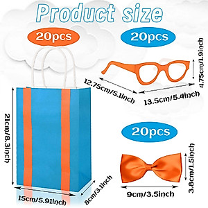 Bolsome 20Pcs Orange Blue Party Favor Bags with 20Pcs Paper Glasses and Bow Tie Blue Orange DIY Paper Gift Bags with Handles for Kids for Construction Birthday Party Baby Shower Supplies