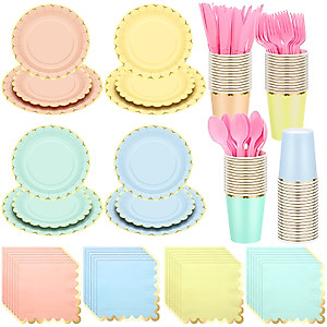 Yaomiao 168 Pcs Disposable Dinnerware Set Party Supplies, Scalloped Paper Plates Cups Napkin with Gold Foil Plastic Forks Knives Spoons Serve 24 Guests for Birthday Baby Shower (Multicolor,Round)
