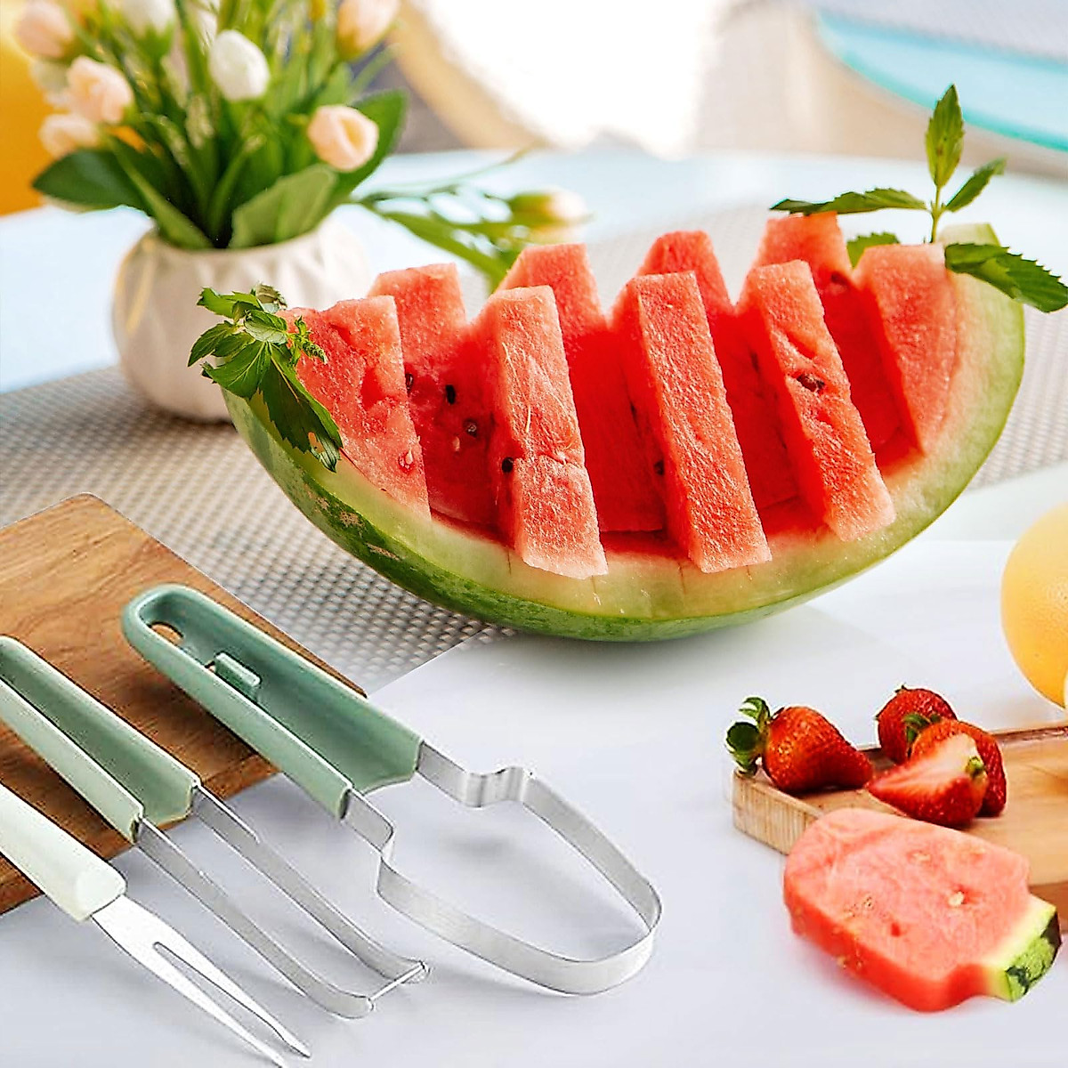 Watermelon Cutter Slicer，2024 New 3-in-1 Multi Functional Household Fruit Splitter Watermelon Fork Slicer Cutter, Melon Cutter Knife Portability Fruit Fork for Camping Kitchen Gadgets (light green)