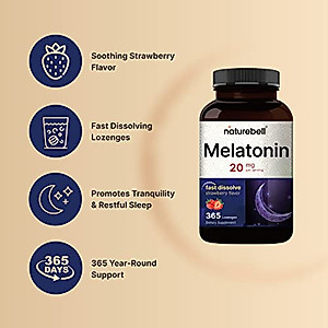 NatureBell Melatonin 20mg, 365 Fast Dissolve Tablets - Natural Strawberry Flavor - Vegetarian Chewable Lozenges for 1 Year Supply, High Potency | Non-GMO, No Gluten