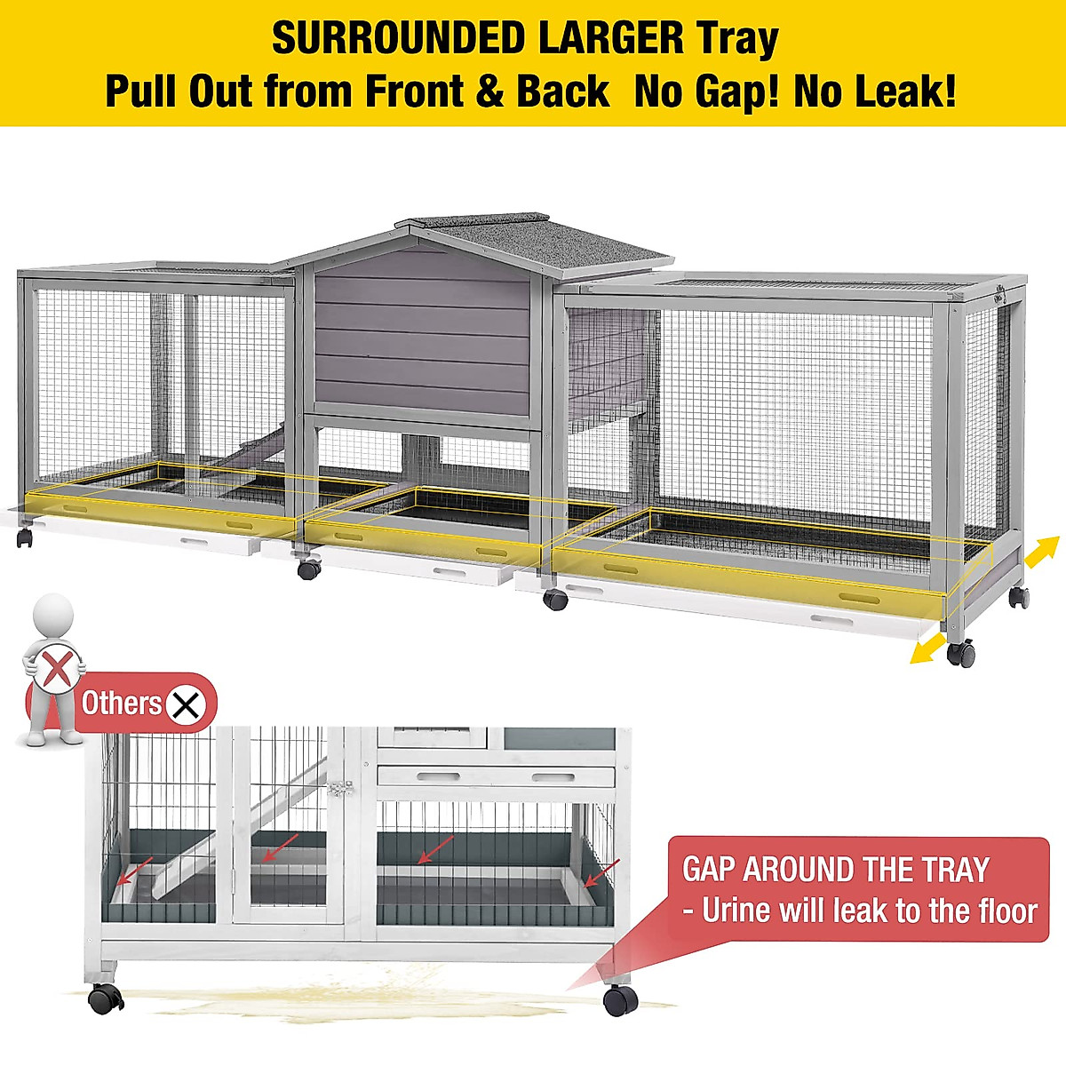 Aivituvin Rabbit Hutch 93.7" Large Rabbit Cage Indoor Outdoor Guinea Pig Cage Chicken Coop on Wheels Bunny Cage with 4 Deep No Leakage Pull Out Tray,Waterproof Roof