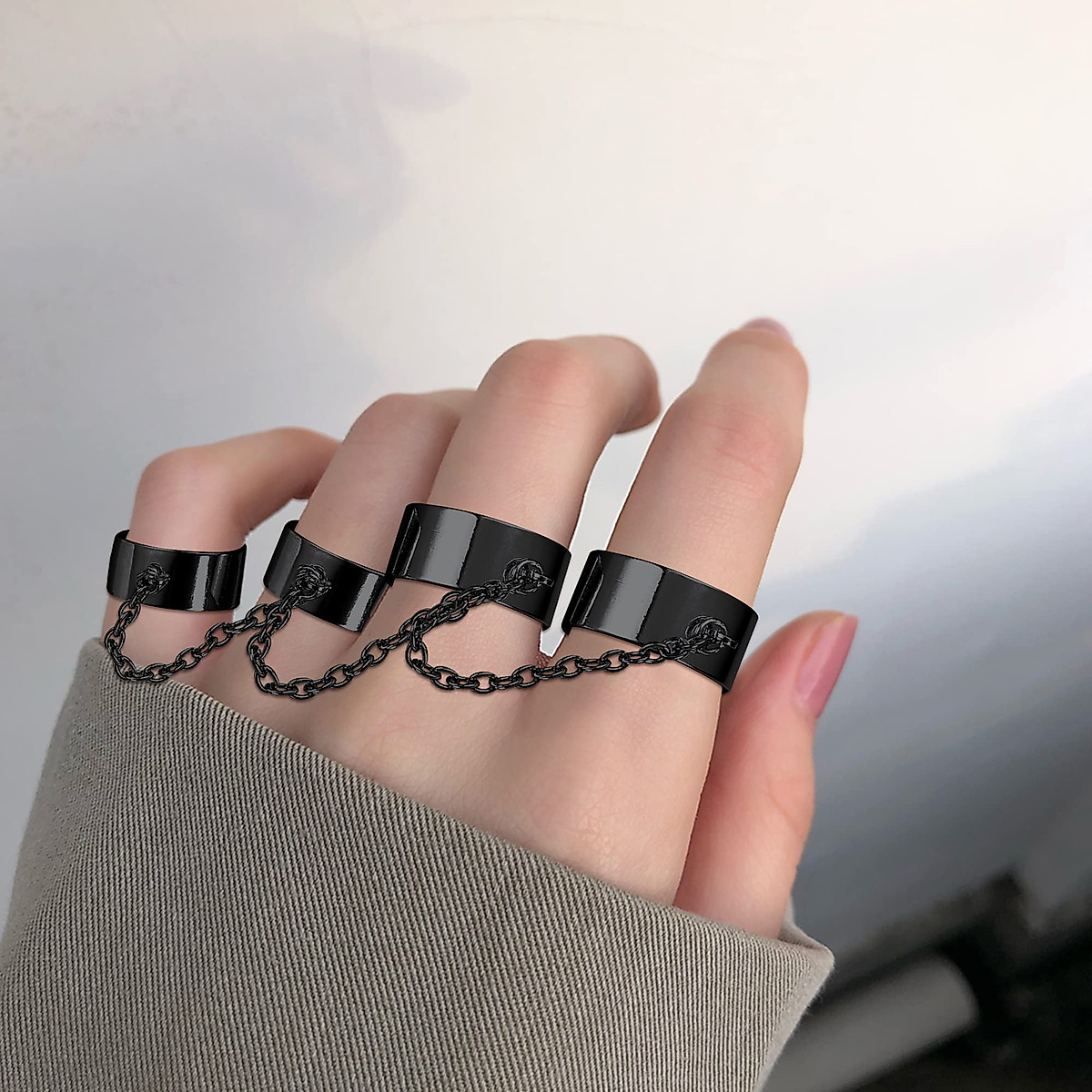 FIBO STEEL 18PCS Gothic Punk Chain Finger Rings for Women Men Y2K Black Stackable Rings Snake Chain Rings Open Adjustable Knuckle Emo Rings Punk Gothic Jewelry
