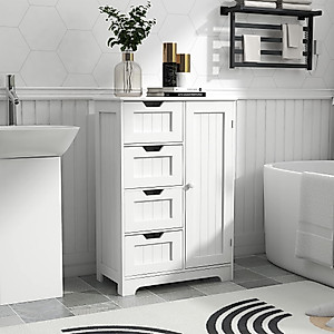 RASOO Bathroom Storage Cabinet White Freestanding Floor Storage Cupboard Adjustable Shelf with 4 Drawers and 1 Door