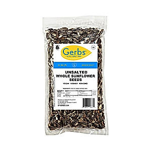 GERBS Unsalted Roasted Whole Sunflower Seed In Shell 1 lb., Top 14 Allergy Free Foods, Healthy Superfood Snack, Non GMO, Dry Roast, No Oils, No Preservatives, Resealable Bag, Gluten Free, Peanut Free, Vegan, Keto, Kosher