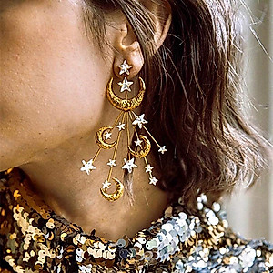 Star Moon Earrings Made Swarovski Crystal Gold Plated Crescent Moon Stars Drop Dangle Earrings Chunky Statement Star Earrings for Women Trendy Jewelry Gift
