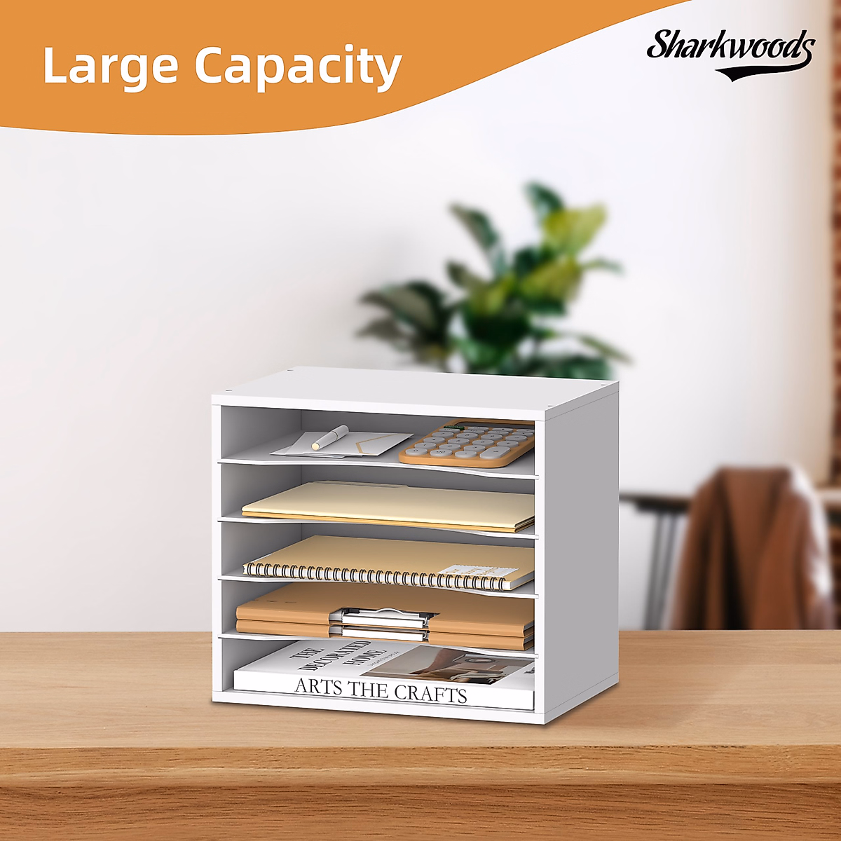 SHARKWOODS 5-Tier Paper Organizer for Desk, Wood Desktop Organizer with Adjustable Letter Tray, Mail Sorter for Office School & Home, White
