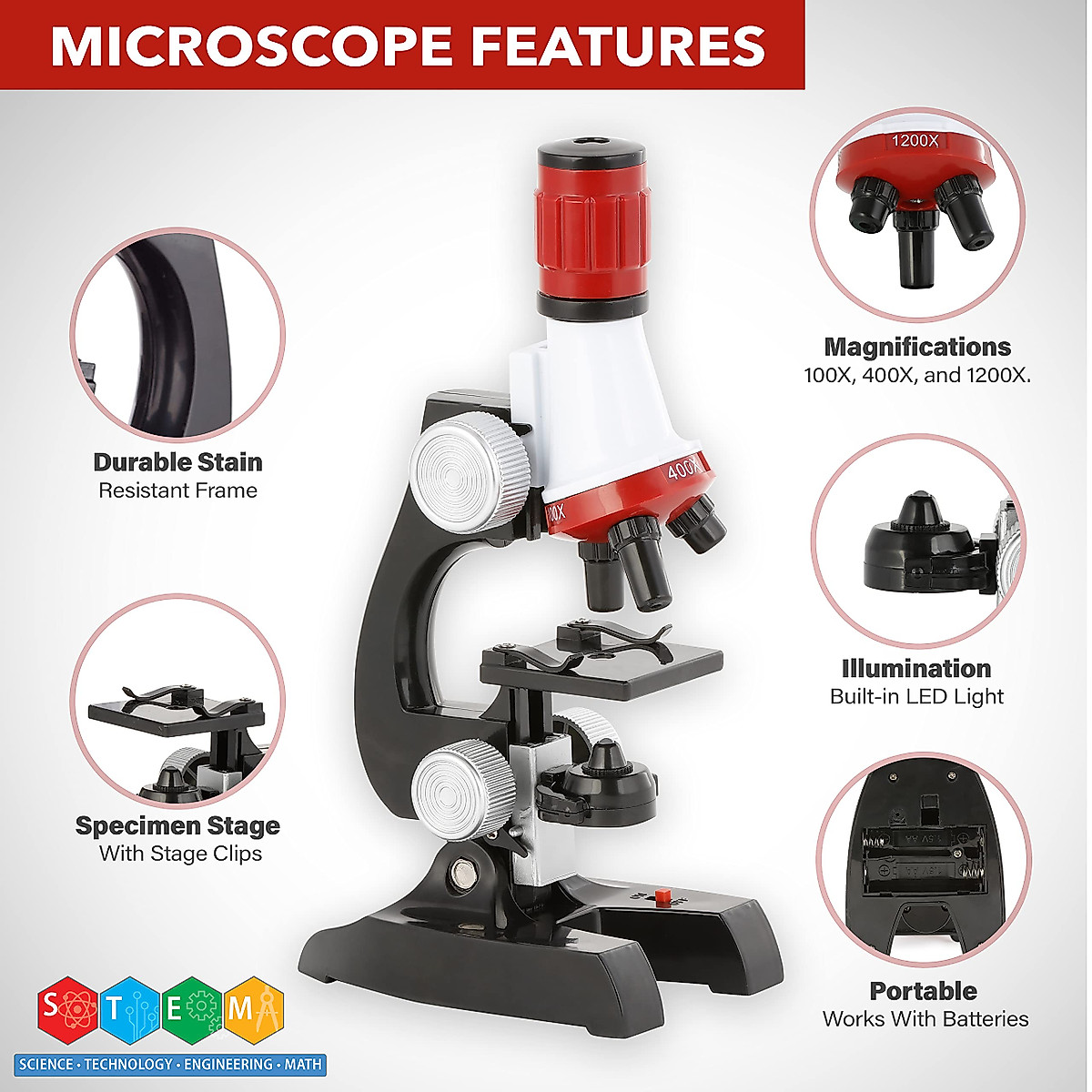 IQCREW ETXWJ04 100X-1200X LED Kids Beginner Microscope Toy Set + Slides Preparation Kit