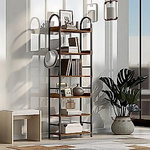 SmallCock Tall Bookshelf, 6-Tier Shelves with Round Top Frame, MDF Boards, Adjustable Foot Pads (Brown)