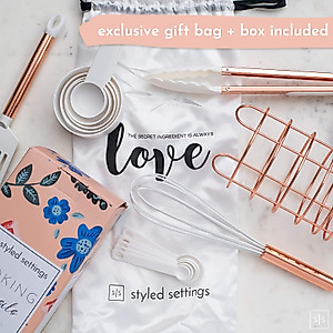 White and Copper Kitchen Utensils - 18 PC Copper Cooking Utensils Set Includes Copper Utensil Holder, White & Copper Measuring Cups and Spoons, Rose Gold Kitchen Utensils - Copper Kitchen Accessories