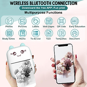Mini Portable Printer, Pocket Wireless Bluetooth Thermal Printers with 10 Rolls Printing Paper for Android iOS Smartphone, Bluetooth Portable Printer for Learning Notes, Photos, DIY, Travel (Blue)