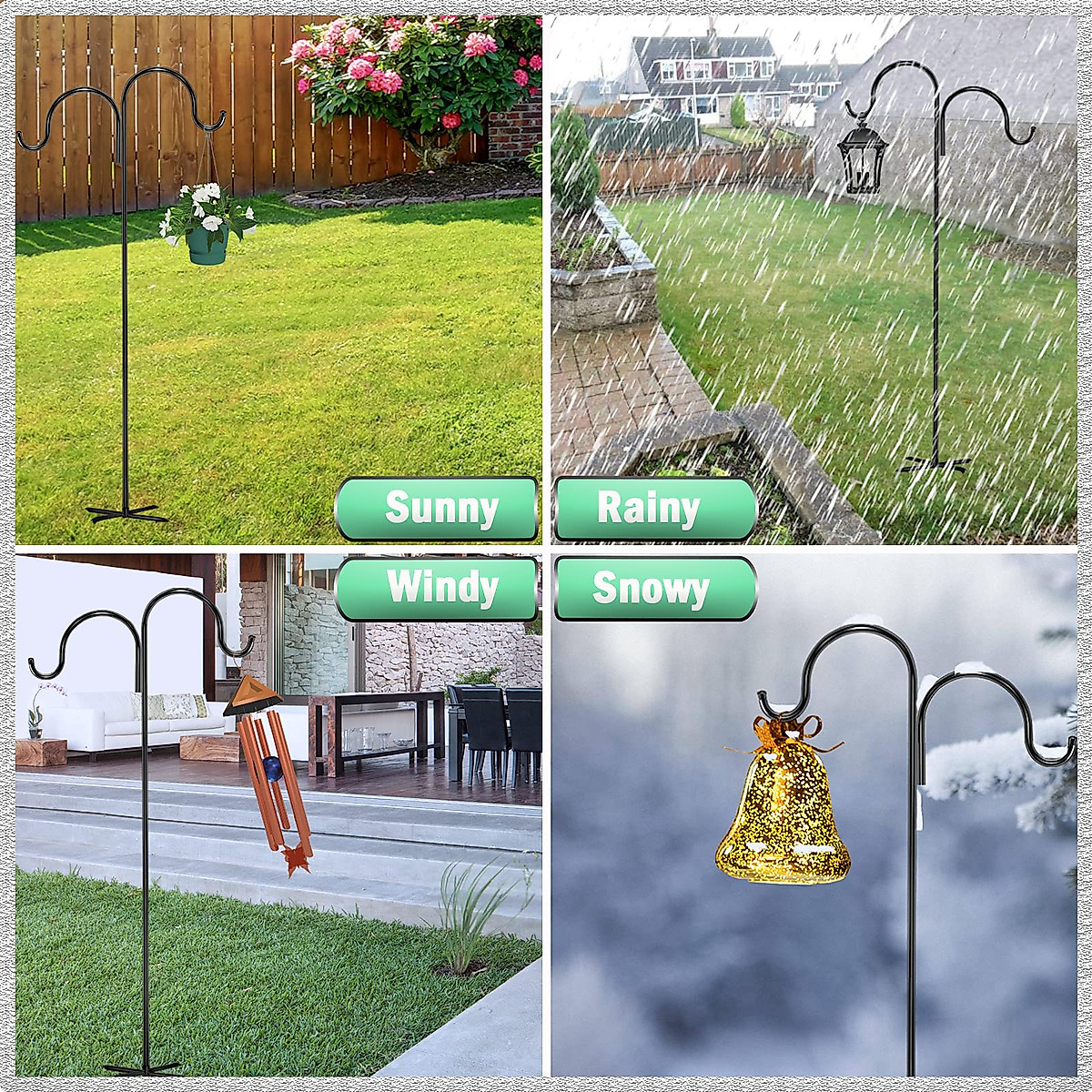 Outdoor Double Shepherds Hook/Bird Feeder 5/8 in Pole with 5 Shakes Base, DUYKQEM 92 inch Heavy Duty Garden Hanging Plant Stand 2 Pack, Outside Holder Hanger for Lanterns Light,Wedding Flower Basket