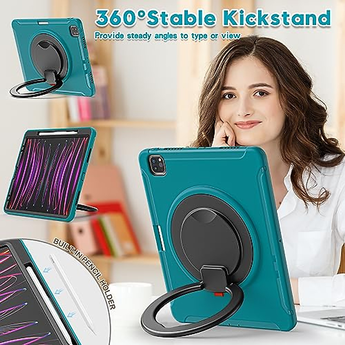 BATYUE iPad Pro 12.9 Case - Rugged Protective Case for iPad Pro 12.9-inch 6th/ 5th/ 4th/ 3rd Generation 2022/2021/ 2020/2018, iPad Pro 12.9 Cover with Pencil Holder/ 360° Swivel Stand - Light