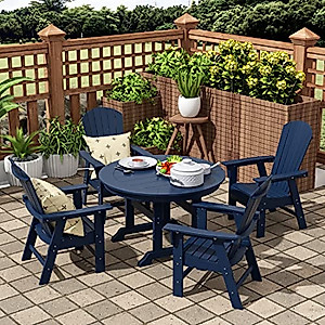 WO Outdoor Adirondack Patio Dining Chair Table 5 PCS Set Seashell Back Armchair Round Table Retro Aesthetic for Outside Restaurant Dining, Resort, Hotel, Lawn, Garden (Navy Blue)