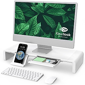 Monitor Stand Riser, Klearlook Foldable Computer Monitor Stand, Adjustable Computer Stand Desk Organizer with Storage Drawer, Tablet Phone Stand for Laptop PC Printer (White)