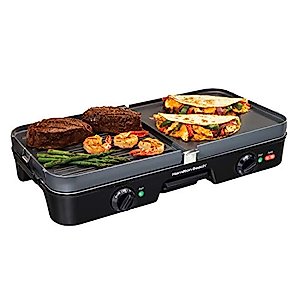 Hamilton Beach 3-in-1 Electric Indoor Grill + Griddle, 8-Serving, Reversible Nonstick Plates, 2 Cooking Zones with Adjustable Temperature (38546), Black