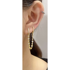 Dainty CZ Double Piercings Two Holes Small Hoop Cuff Cartilage Hypoallergenic Earrings for Women 925 Sterling Silver Post Cubic Zirconia Chain Threader Dangle Drop Crystal Climber Crawler Wrap Dainty Huggie Hoops Fashion Piercing Jewelry Gifts 1 Pair (gol