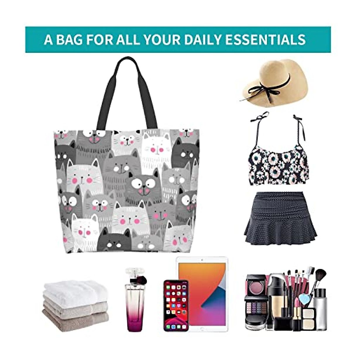 Osvbs Cute Cats Women's Large Tote Shoulder Bag Funny Cat Top Storage Handle Shopping Bag Casual Reusable Gym Bag for Beach, Travel