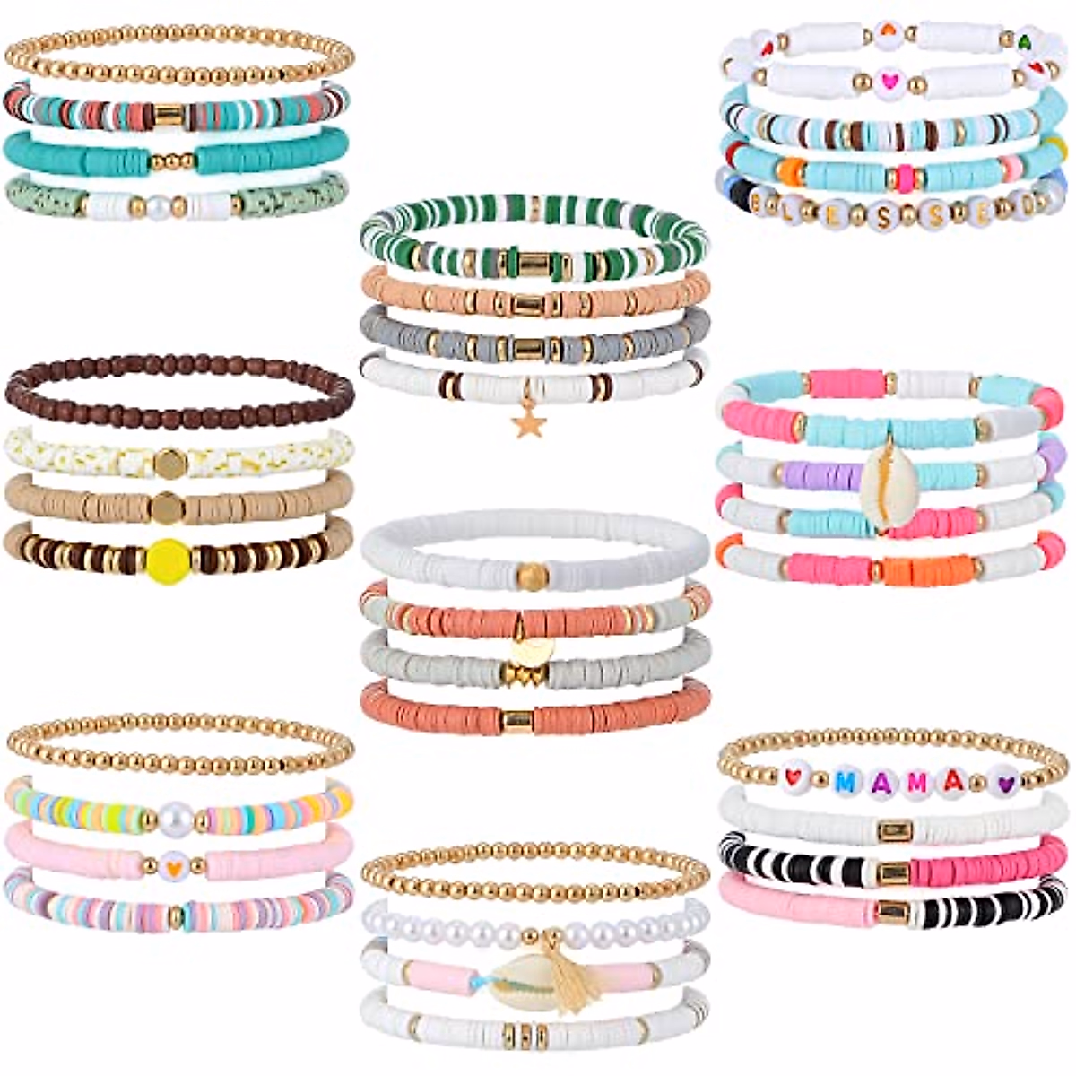 Jadive 36 Pcs Heishi Clay Bead Bracelet Stackable Stretch Women Jewelry Bracelets Y2k Bracelets Colorful Beaded Bracelets for Women Boho Aesthetic Surfer Beach Preppy Bracelet