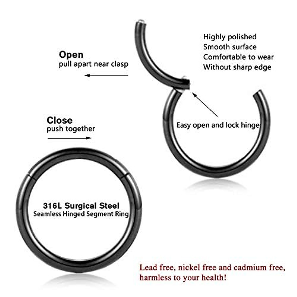 Conch Hoop Ring Hinged Segmet Clicker Seamless Nose Rings Hoops 316L Surgical Steel Rose Gold Septum Jewelry 16G Cartilage Tragus Earrings Helix Rook Daith Ring Lobe Lip Hoop Piercing Jewelry 10mm