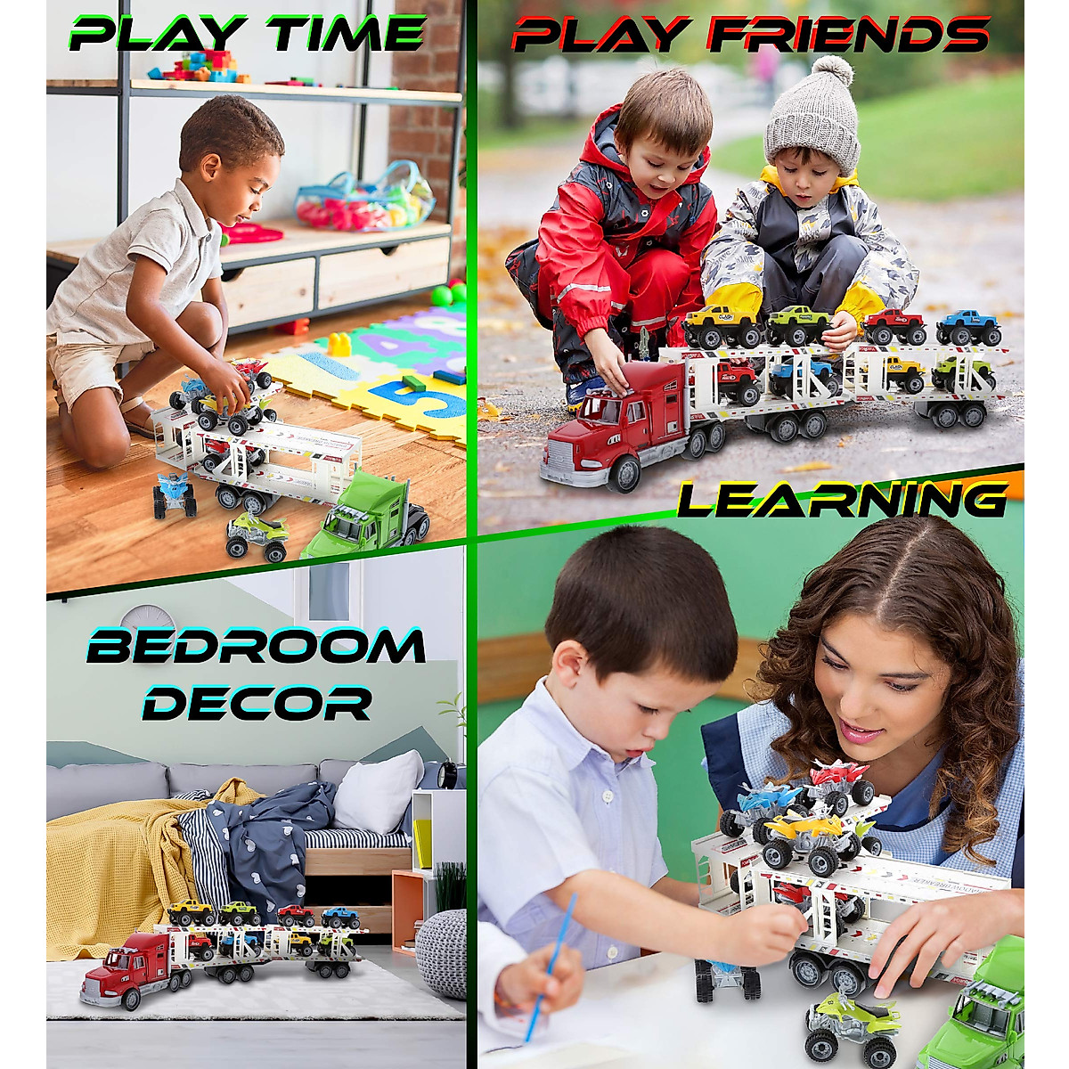 Mozlly Friction Powered ATV or Monster Truck Hauler Playset for Boys and Girls - Toy Car Carrier Truck Toy, Perfect ATV or Monster Truck Trailer Set for Pretend Play or Birthday Gift - Styles May Vary