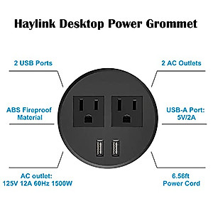 Desk Power Grommet, Haylink Desk Hole Cover Grommet 3.15 Inch(80mm) Recessed Power Outlet USB Grommet with 2 Flat Plugs, Connect 6.56ft Extension Cord,Black