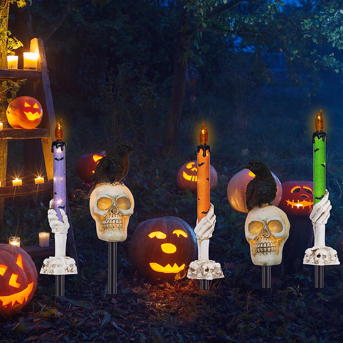Halloween Outdoor Decoration Solar Lights,5 Pack Skull Candle Lights+Skull Solar Lights with Black Crow,Waterproof Solar Ghost Lights with Stakes,Stunning Halloween Decor for Lawn Yard Garden