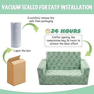 MallSingel Kids Sofa, Toddler Chair, 2-in-1 Flannel Kids Fold Out Couch, Toddler Convertible Sofa to Lounger, Flip Open Toddler Couch for Kids(White) (Green)