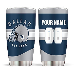 Custom Dallas Tumbler 20oz Stainless Steel with Lid & Straw Personalized Football Fans Gifts for Women Men Coffee Travel Insulated Mug Cup Add Name Number