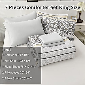 Grey Comforter Set King，7 Pieces Bed in a Bag Paisley Comforter for All Season Soft Microfiber Boho Bedding Set-1 Comforter, 1 Flat Sheet, 1 Fitted Sheet, 2 Pillow Shams,2 Pillowcases